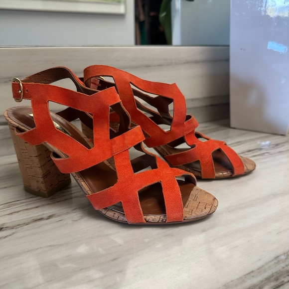 Halogen | Shoes | Halogen Orange Suede Sandals Cutout 3 Heels Cork ...